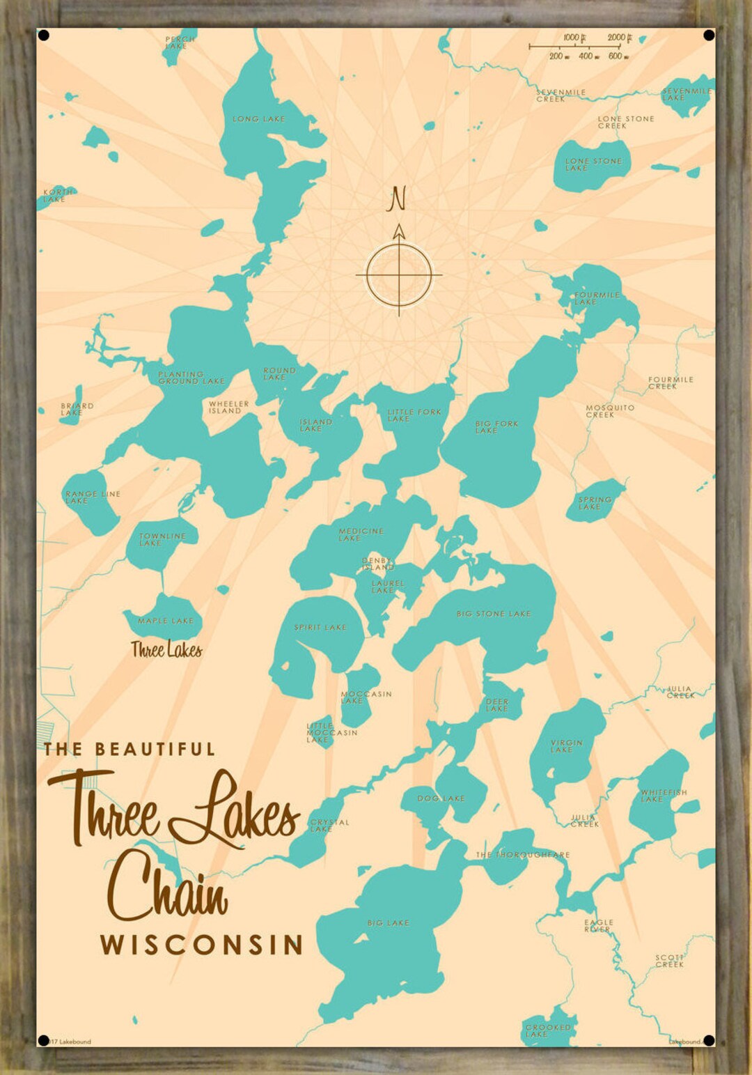 Three Lakes Chain Wisconsin | Lake House Décor | Cabin Art | Custom Map ...
