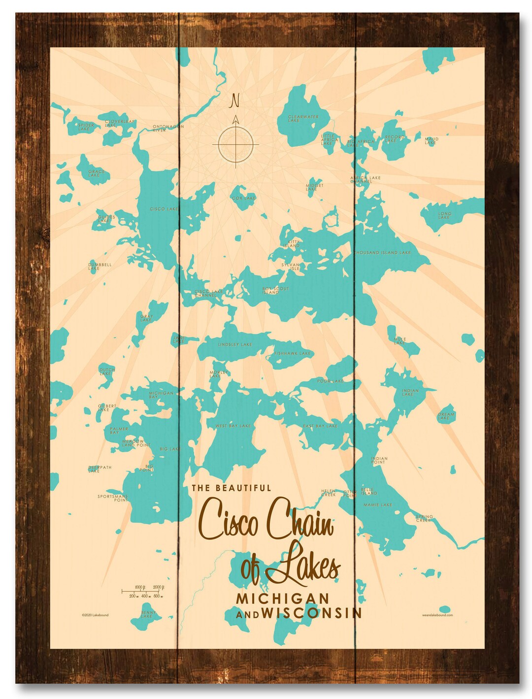 Cisco Chain of Lakes WI Michigan, Rustic Wood Sign Map Art - Etsy