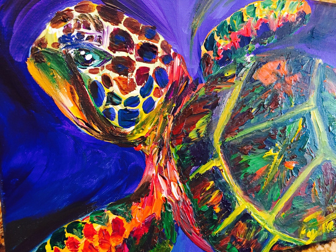 Colorful Sea Turtle Acrylic Painting on Canvas 9"x 12" - Etsy