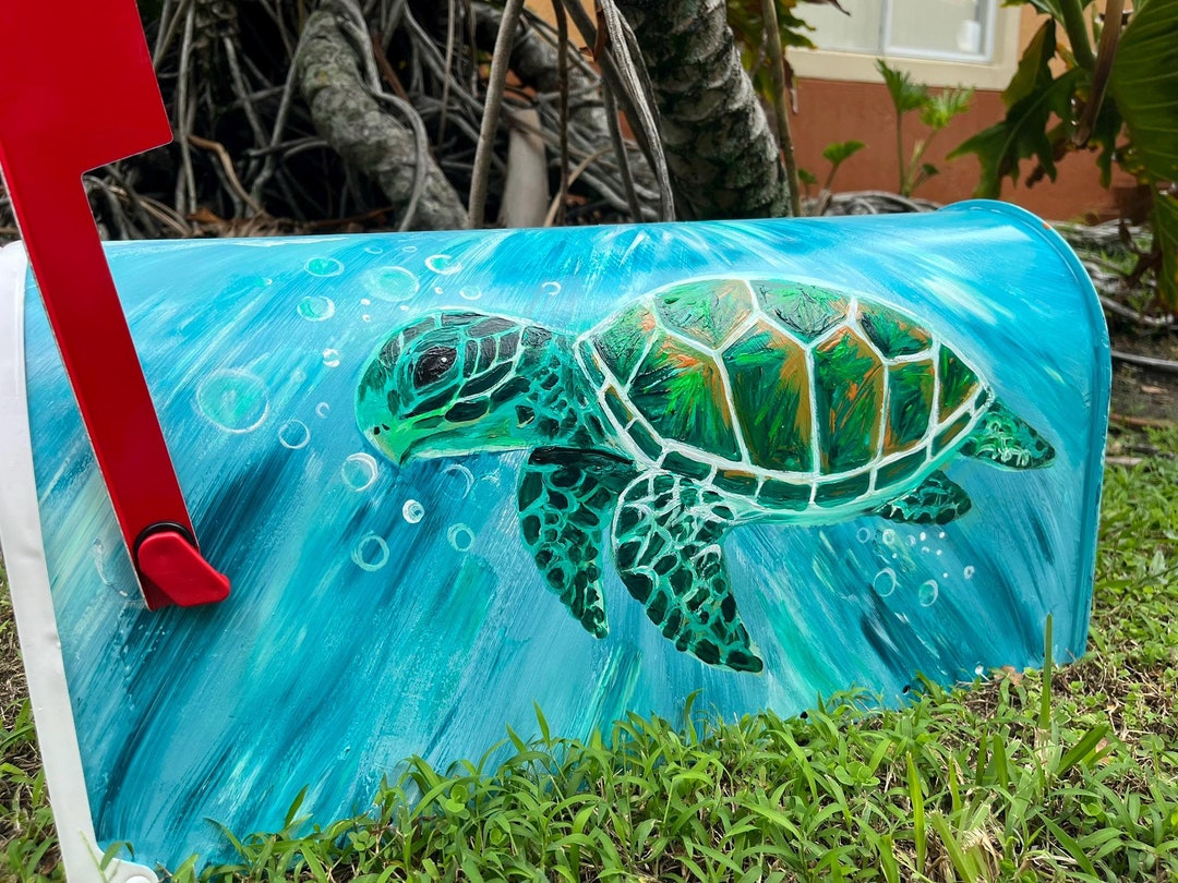 Hand Painted Sea Turtle Mailbox, Customizable House Number - Etsy