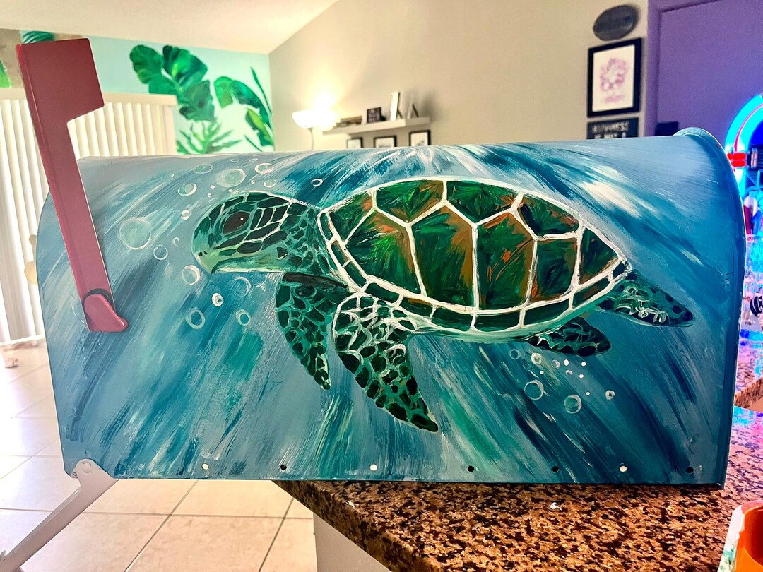 Hand Painted Sea Turtle Mailbox, Customizable Address, Galvanized Steel ...