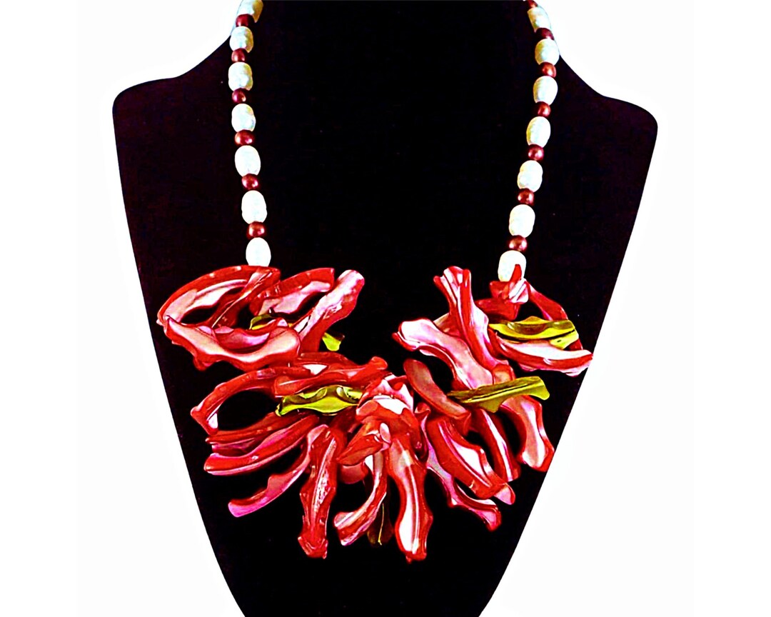 Collar de nácar rojo - babero de declaración en plata de ley con perlas ...