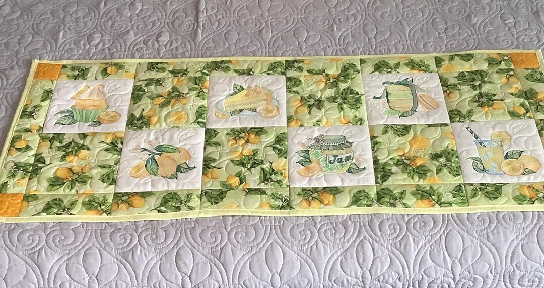 Summer Embroidered Table Runner, Lemon Quilted Table Runner, Handmade ...