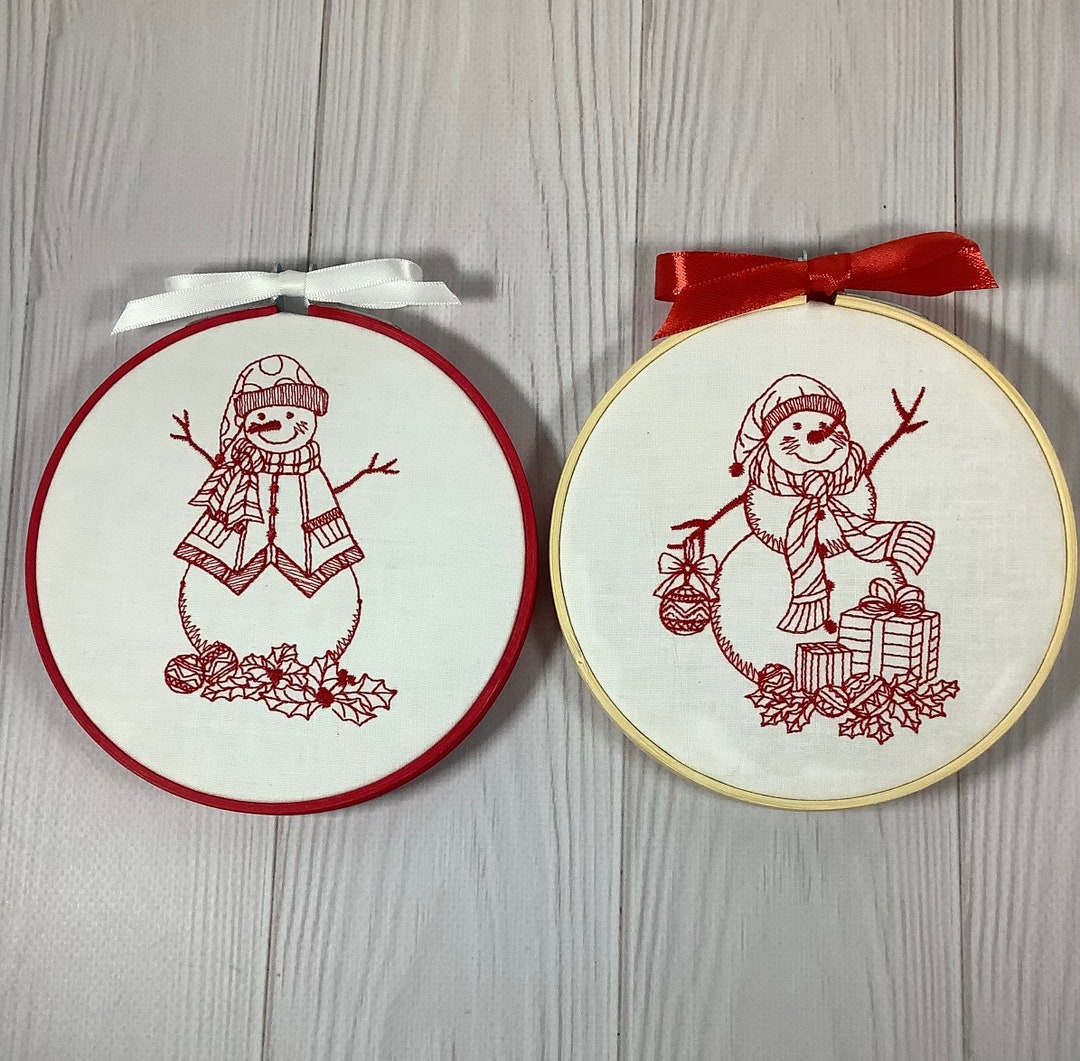 Mini Embroidered Redwork Snowman - Redwork Snowmen - Holiday Tiered ...