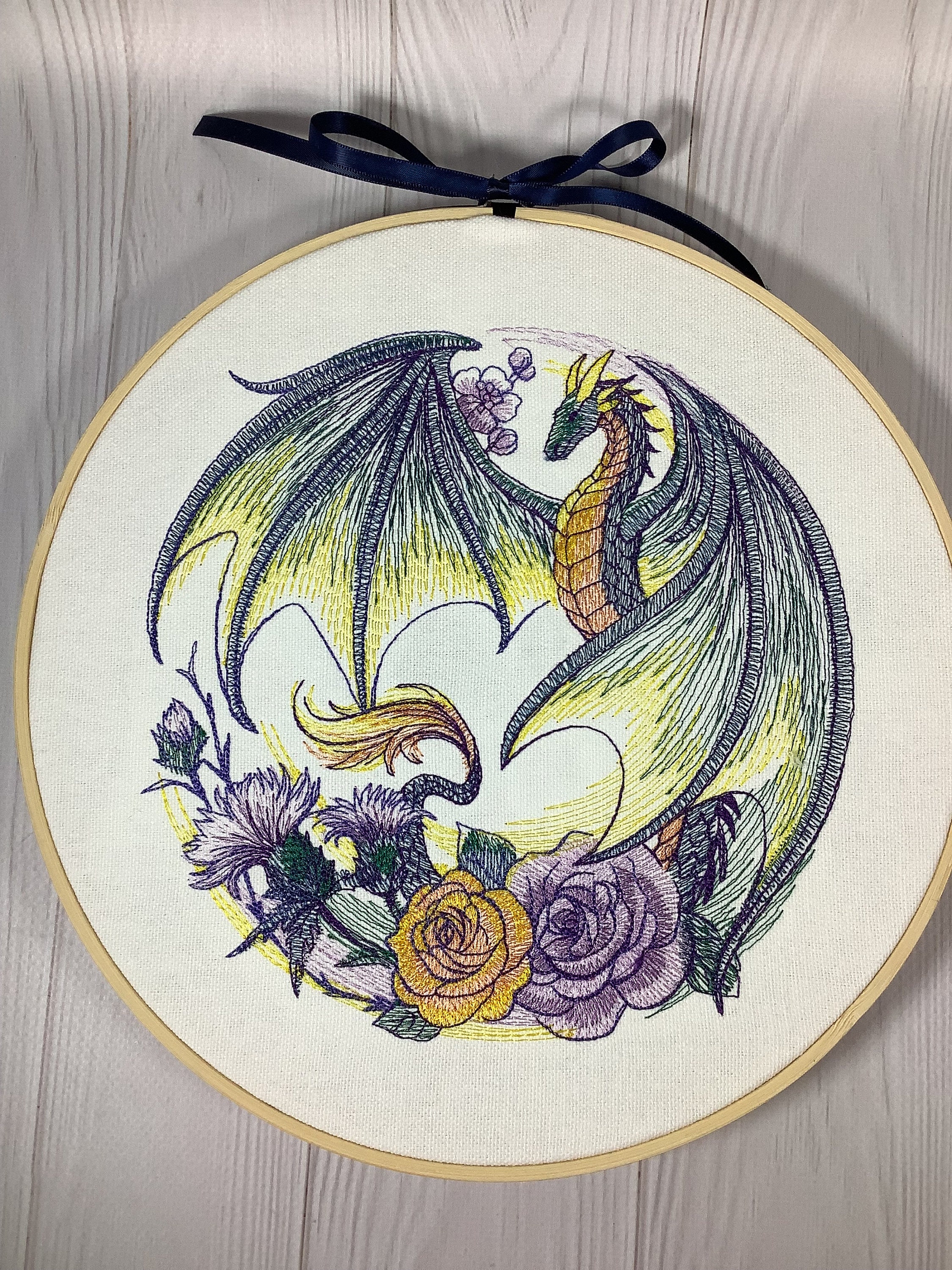 Finished Embroidery, Embroidery Decor, Dragon Hooped Embroidery, Floral ...