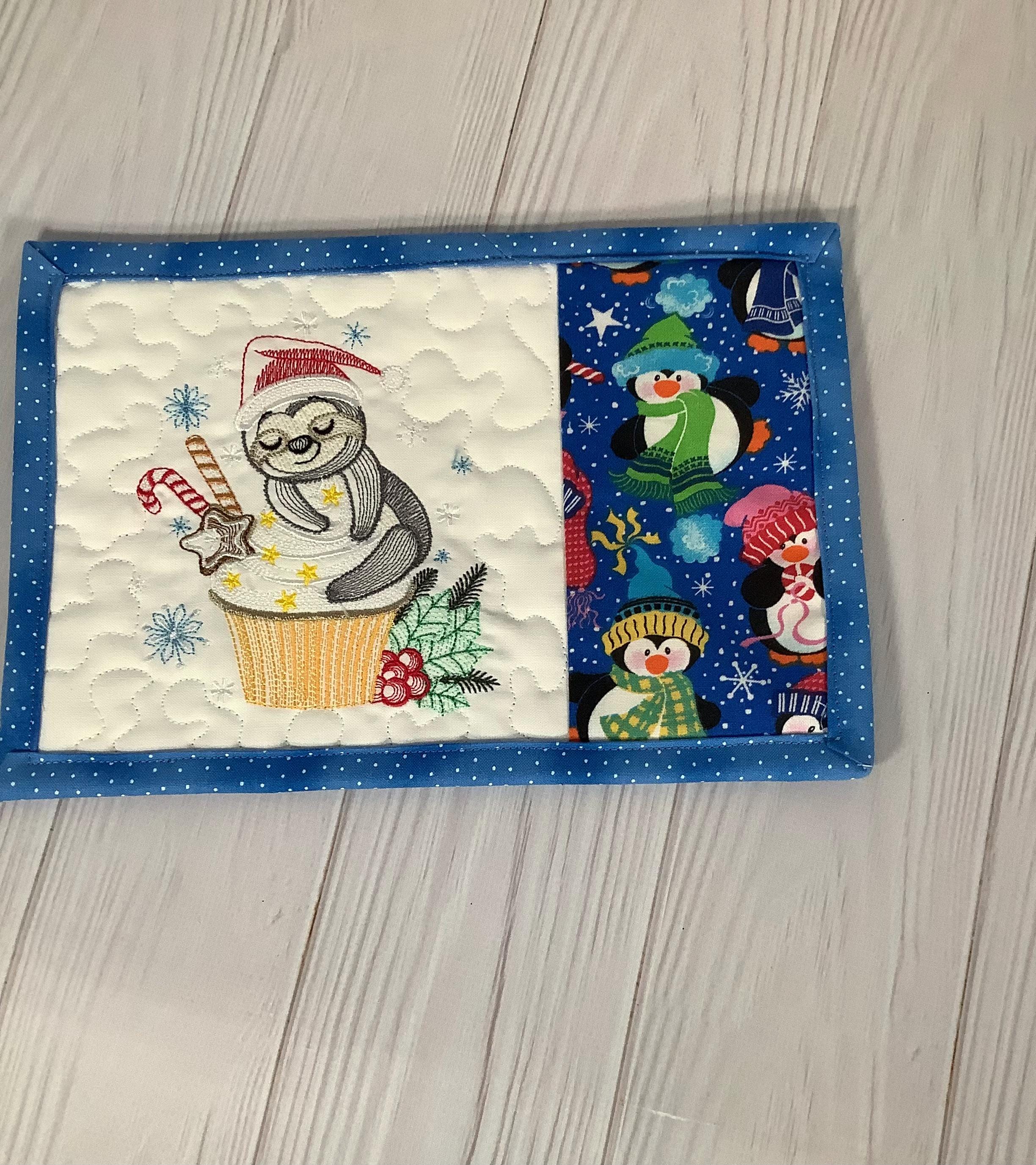 Holiday Mug Rug, Finished Quilted Mug Rugs, Penguin/sloth Embroidered ...