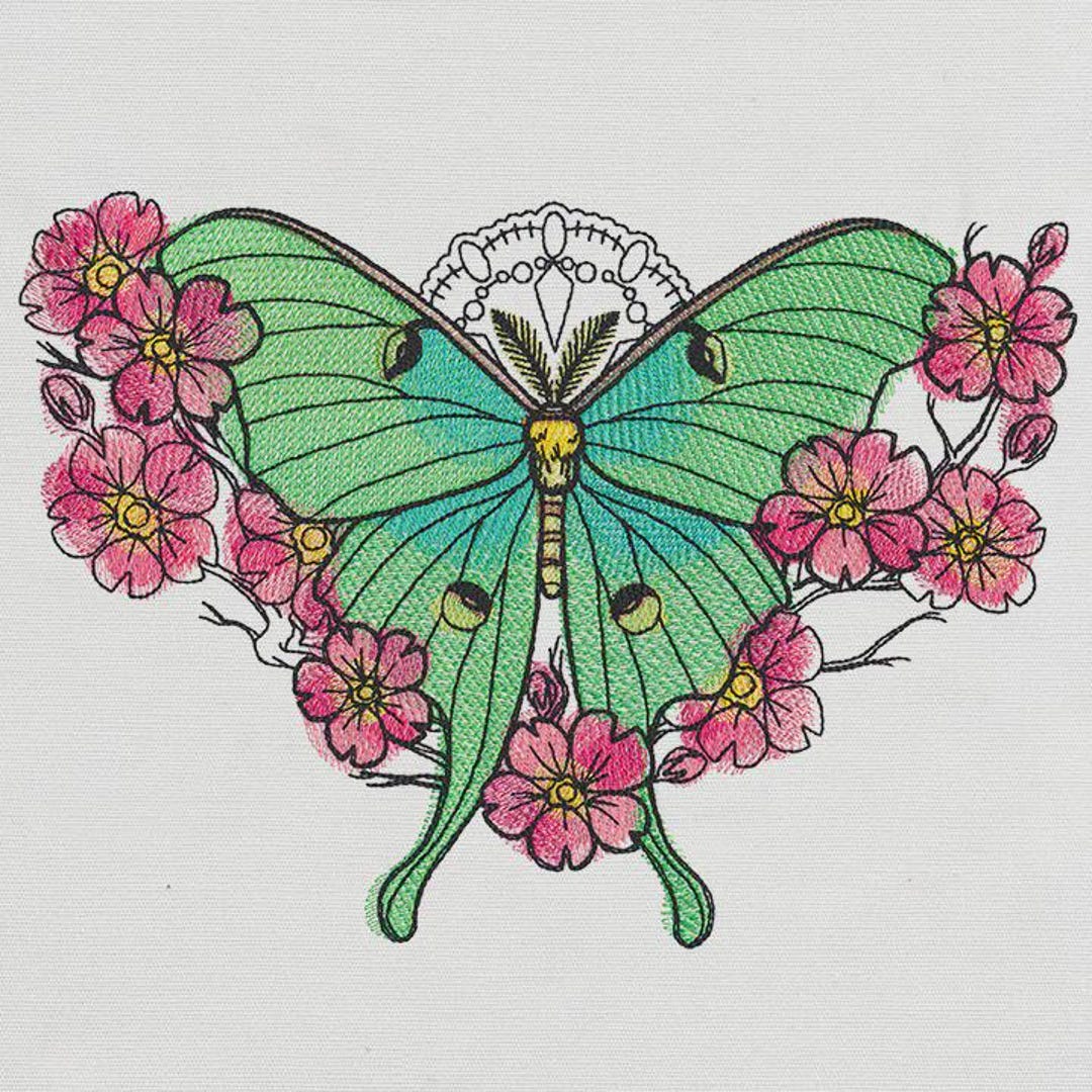 Embroidered Quilt Block - Floral Luna Moth Quilt Block - Cotton or ...