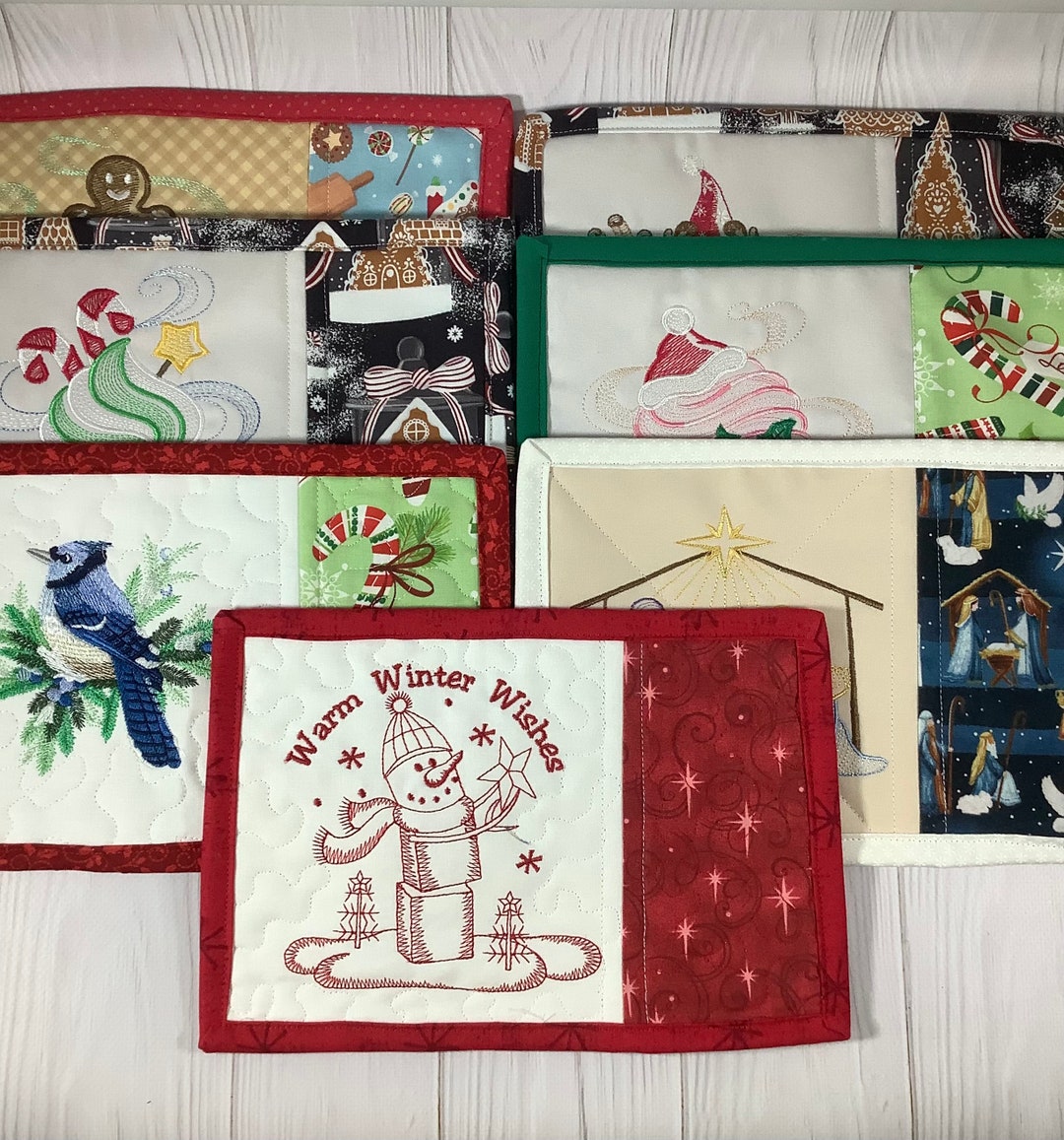 Holiday Mug Rug, Finished Quilted Mug Rugs, Embroidered Mug Rug, Large ...