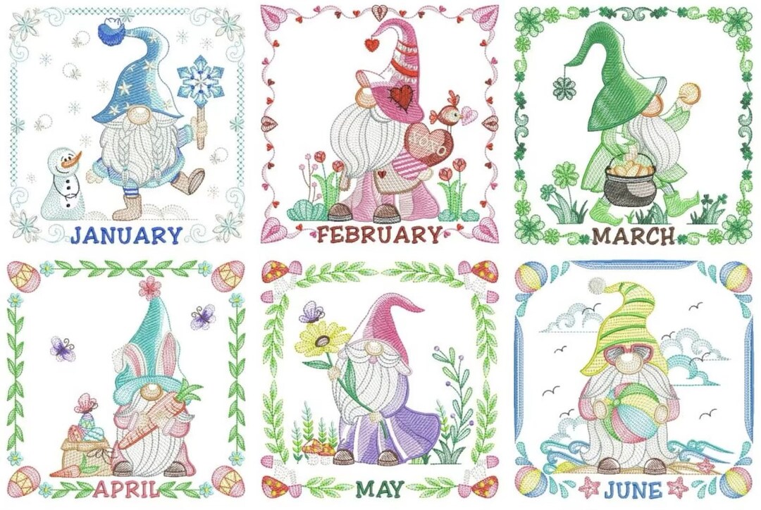 Embroidered Quilt Blocks - Month of the Year Gnome Quilt Blocks - Set ...