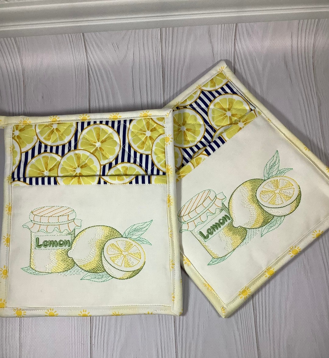 Pair of Lemon Pocket Pot Holders, Embroidered Potholders - Etsy