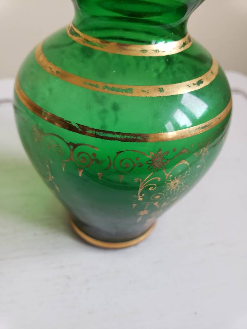 Vintage Green Glass Bud Vase With Gold Design Etsy