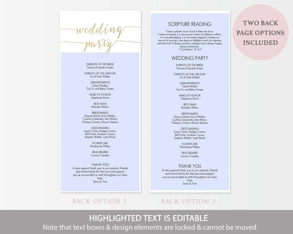 Gold Tall Program Template Printable Wedding Program Gold | Etsy