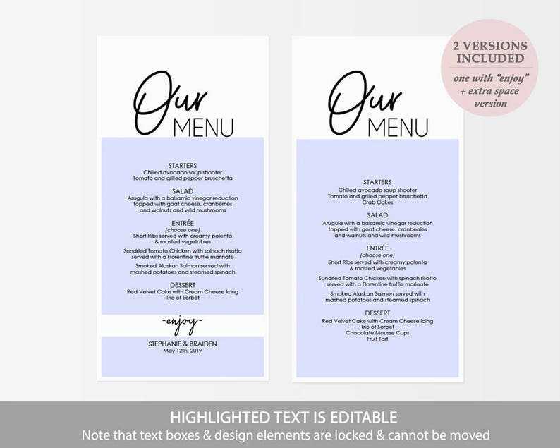 Modern Menu Printable Tall Menu Instant Digital Download - Etsy
