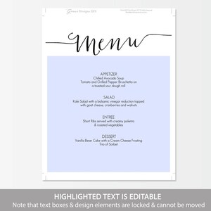 Menu Sign Template Framable Menu Card Editable PDF DIY Menu Template ...