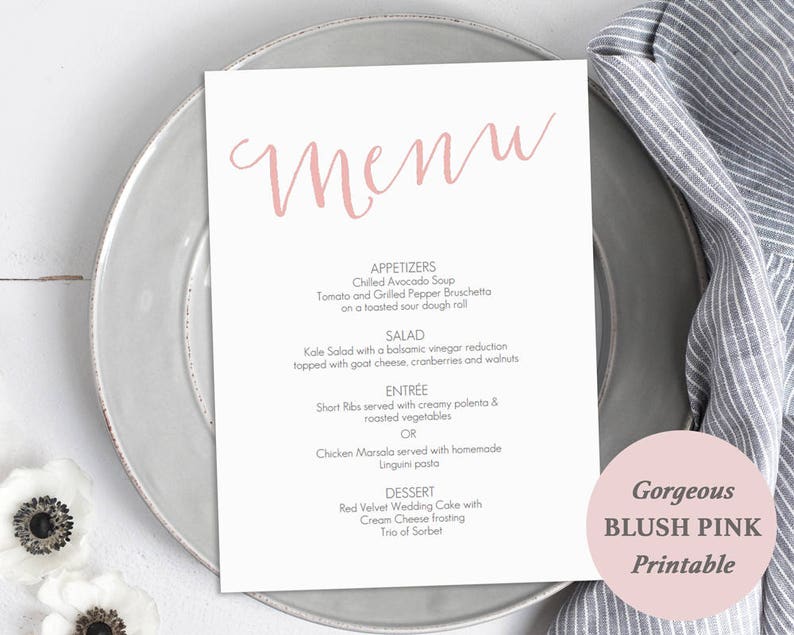 Printable Blush Pink Menu Template Calligraphy Script - Etsy