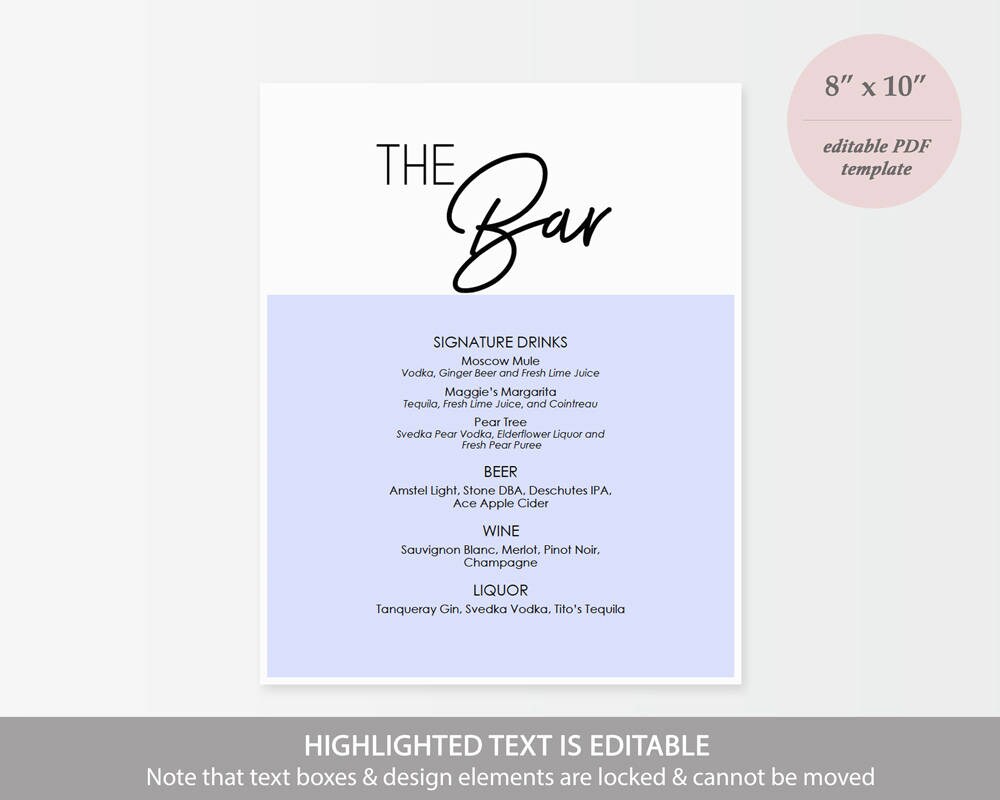 Bar Menu Sign Calligraphy Script Printable Digital File - Etsy