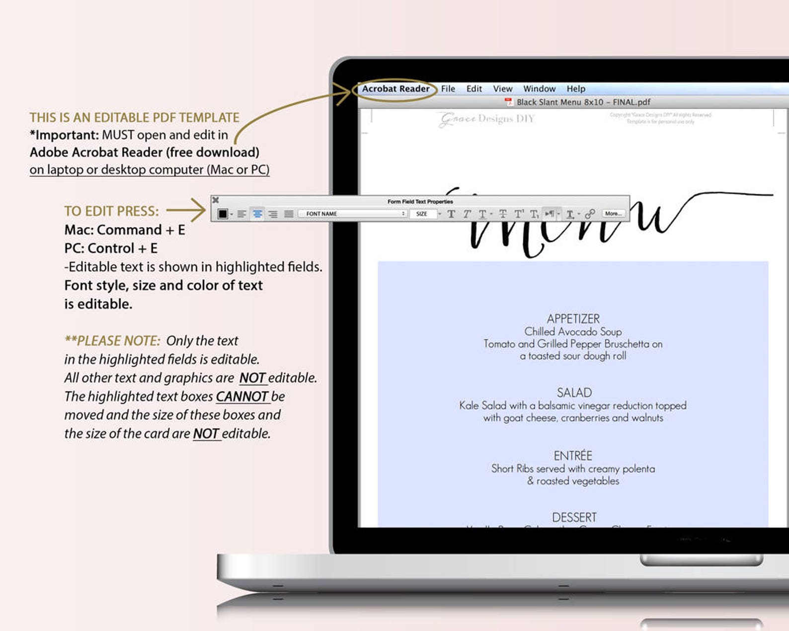 Menu Sign Template Framable Menu Card Editable PDF DIY | Etsy