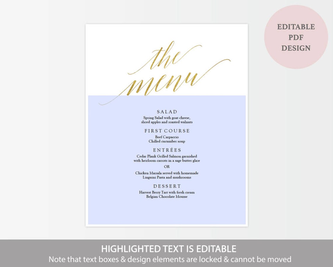 Modern Gold Menu Sign 8x10 Instant Download Printable Gold | Etsy