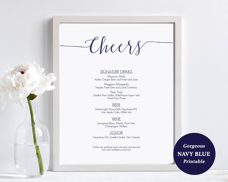 Navy Blue Printable Cheers Bar Menu Signature Cocktails - Etsy