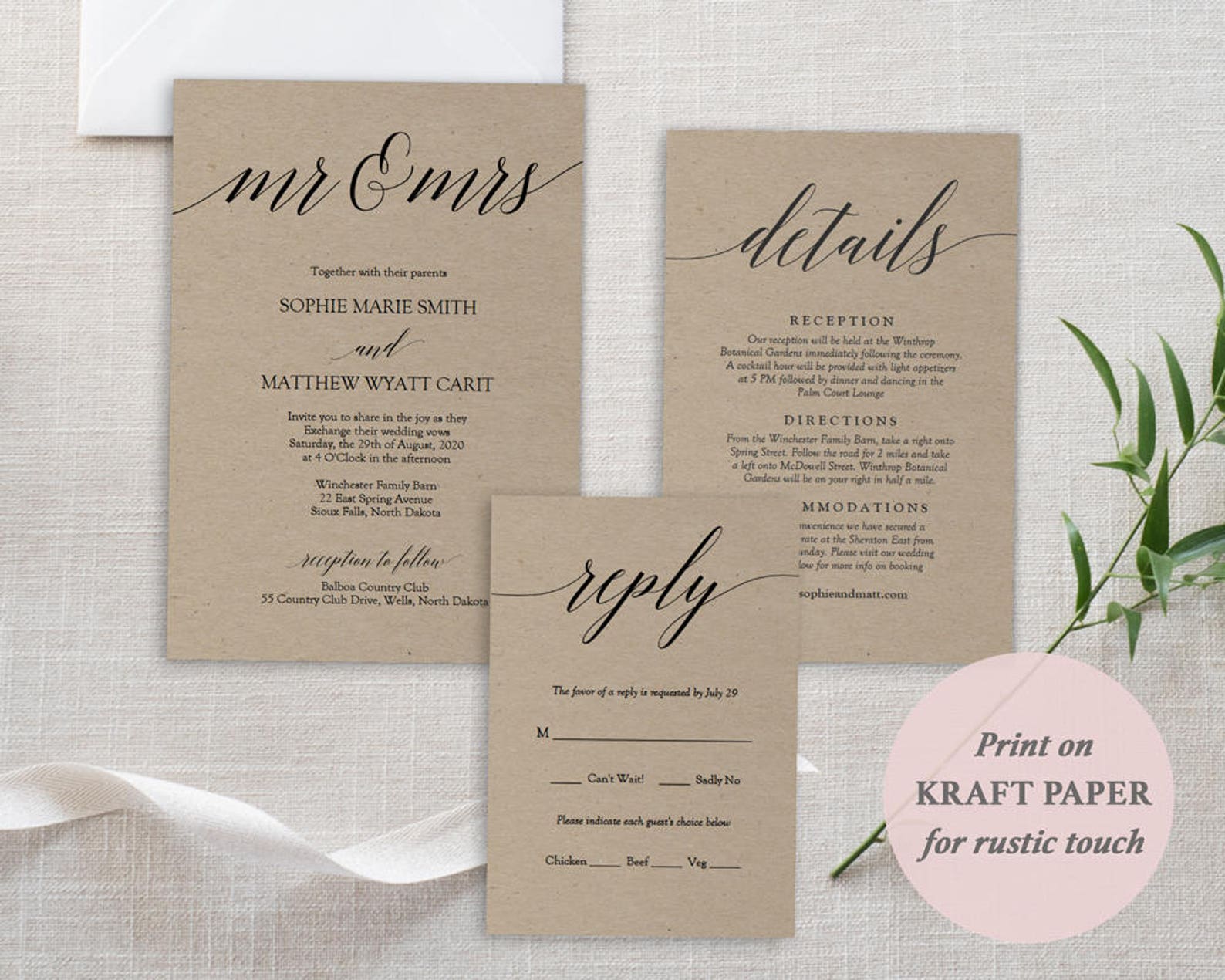 Printable Wedding Invitation Kit Set Includes 5 Pieces - Etsy
