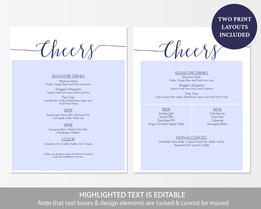 Navy Blue Printable Cheers Bar Menu Signature cocktails | Etsy