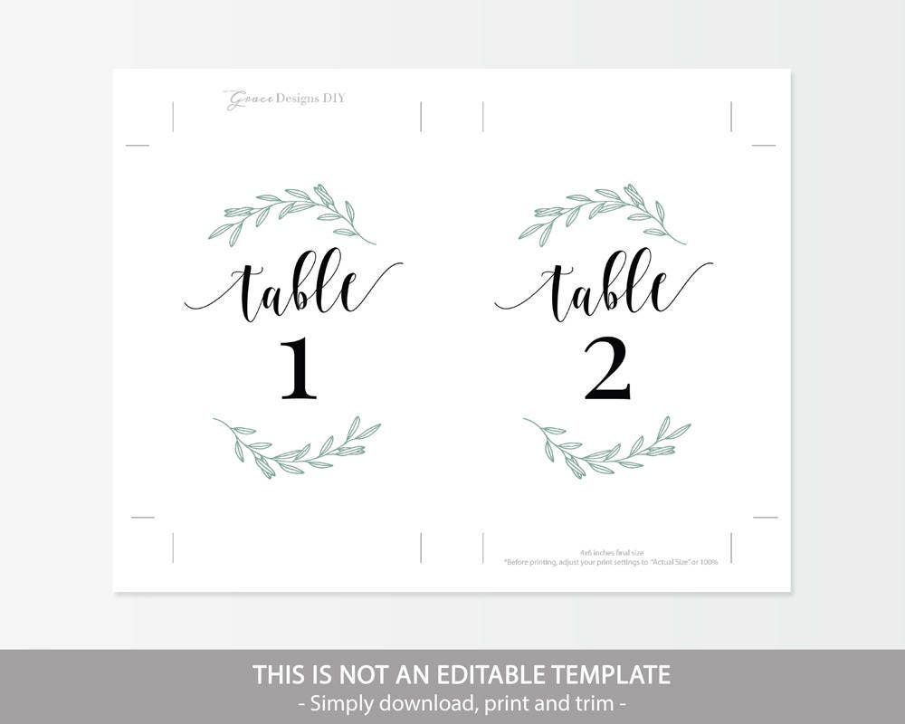 Printable Table Numbers Belle Green Laurel Set of 1-60 | Etsy