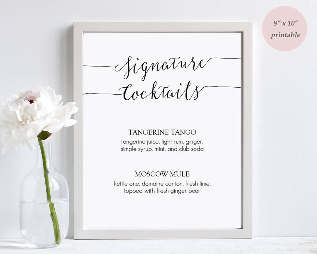 Signature Cocktails Menu Sign DIY Wedding Bar Menu Template - Etsy