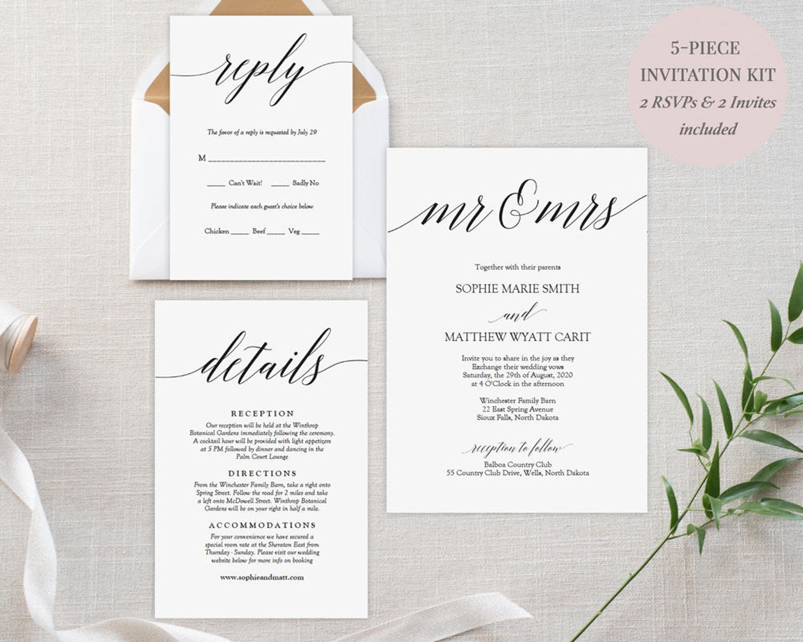 Printable Wedding Invitation Kit Set Includes 5 Pieces - Etsy