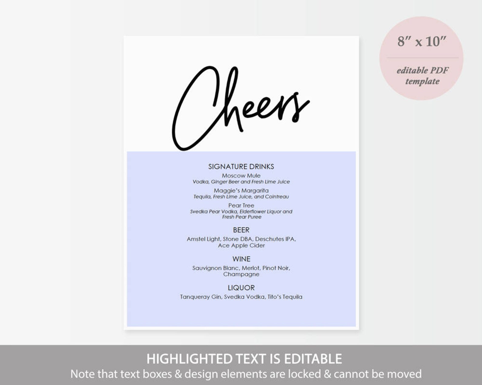 Cheers Bar Menu Printable Sign Drinks Menu Instant Digital | Etsy
