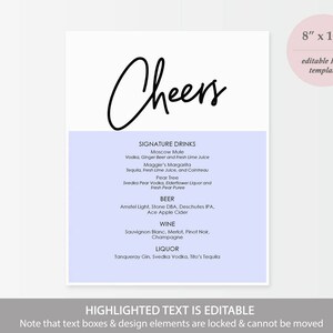 Cheers Bar Menu Printable Sign Drinks Menu Instant Digital Download ...
