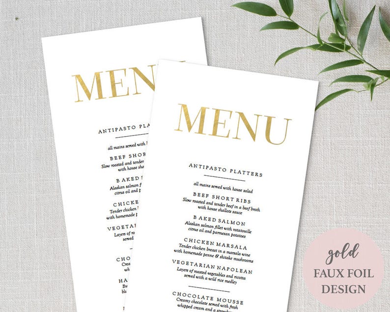 Gold Menu Card 4x8 Tall Menu Gold Foil Wedding Menu Gold - Etsy