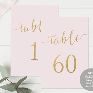 Blush Pink and Gold Table Numbers Printable Includes Tables 1-60 ...