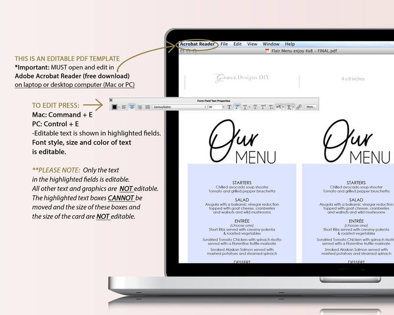 Modern Menu Printable Tall Menu Instant Digital Download - Etsy