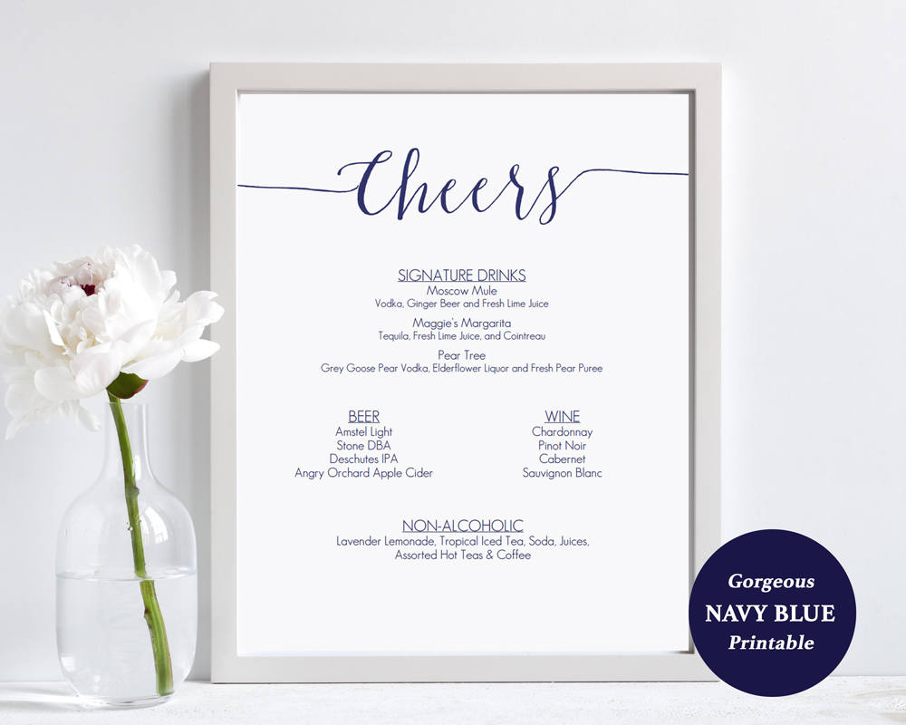 Navy Blue Printable Cheers Bar Menu Signature cocktails | Etsy