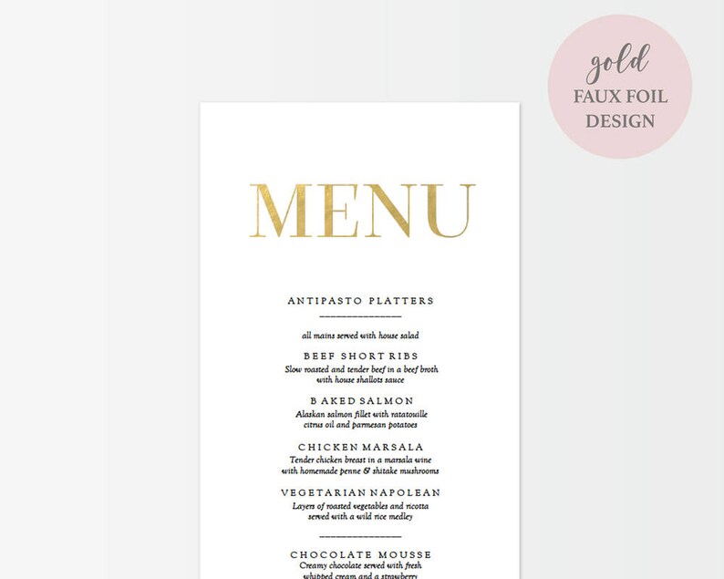 Gold Menu Card 4x8 Tall Menu Gold Foil Wedding Menu Gold - Etsy