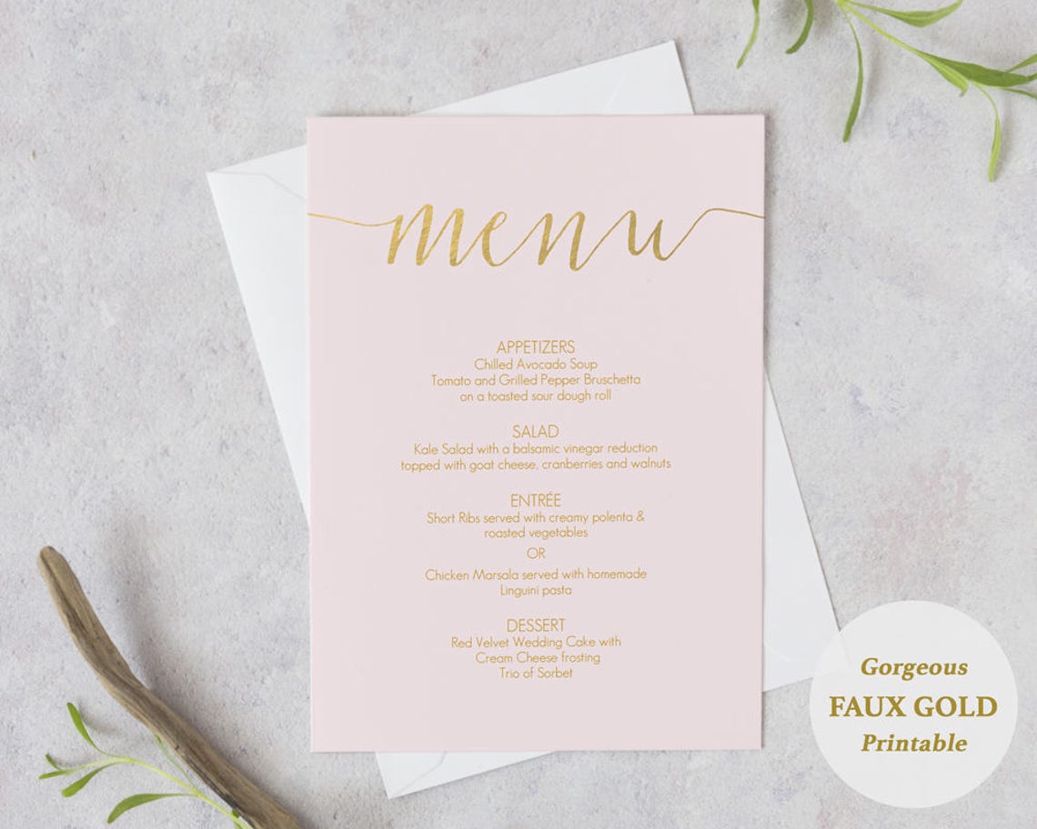 Blush Pink and Gold Menu Printable DIY Template Instant | Etsy