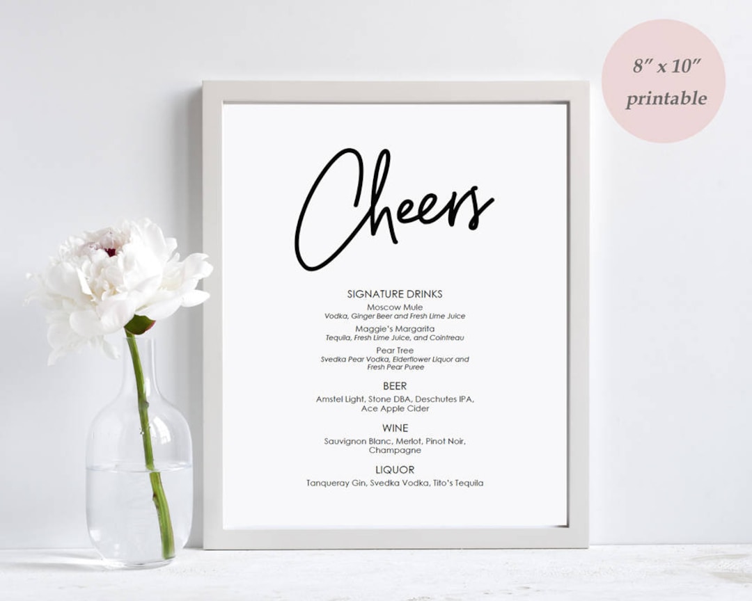 Cheers Bar Menu Printable Sign Drinks Menu Instant Digital Download ...