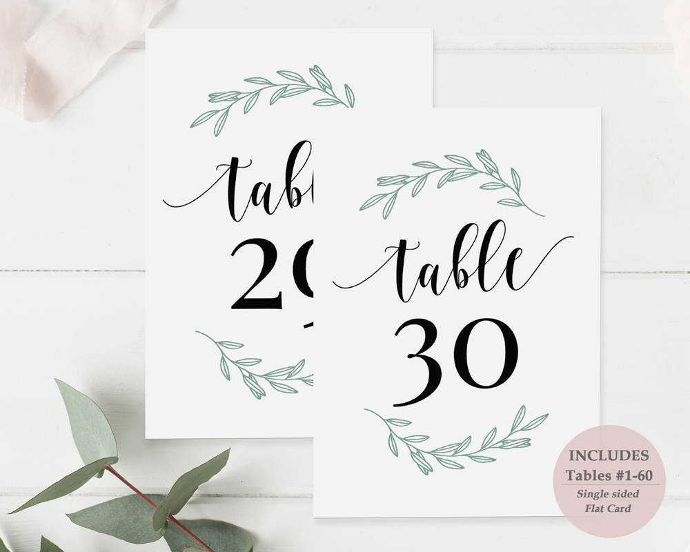 Printable Table Numbers Belle Green Laurel Set of 1-60 | Etsy