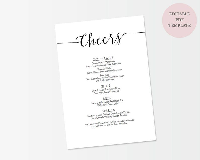 Cheers Bar Menu Printable Sign Instant Download Editable | Etsy