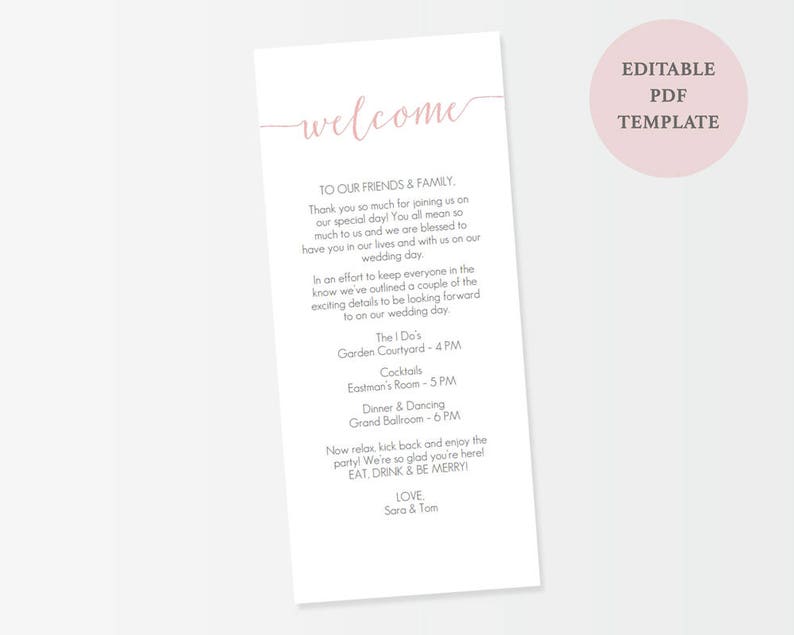 Blush Pink Welcome Card Printable Pink Welcome Bag card | Etsy