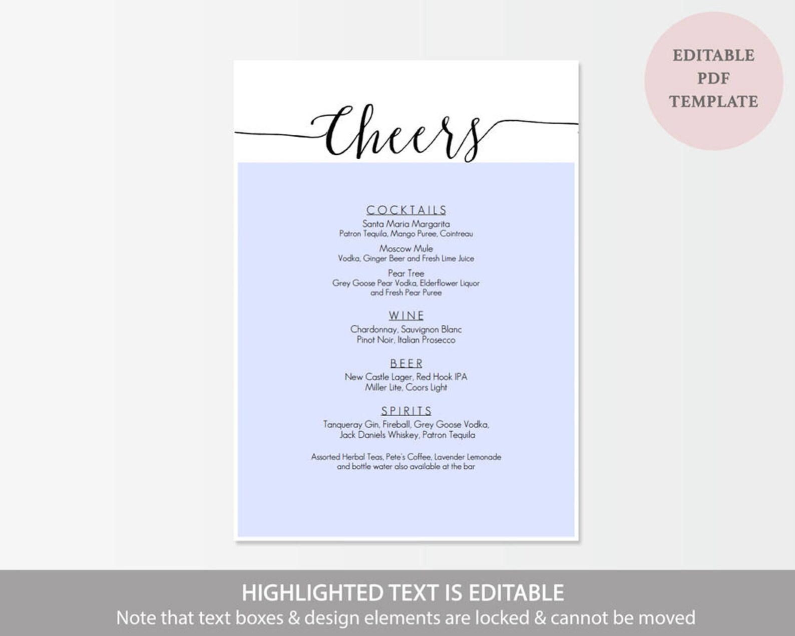 Cheers Bar Menu Printable Sign Instant Download Editable | Etsy