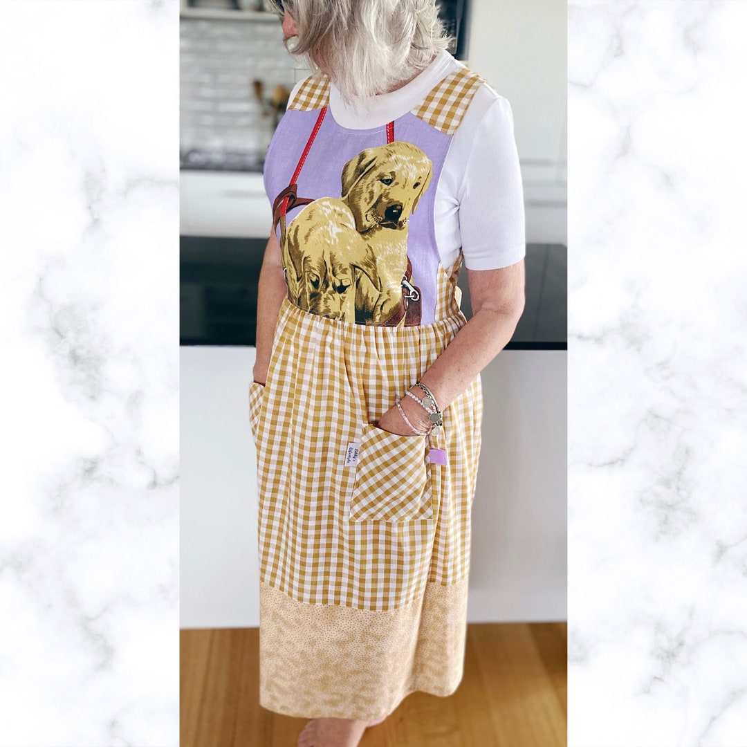 Caramel Gingham Cottage Apron With Labrador Puppy Bodice, Full Cover ...
