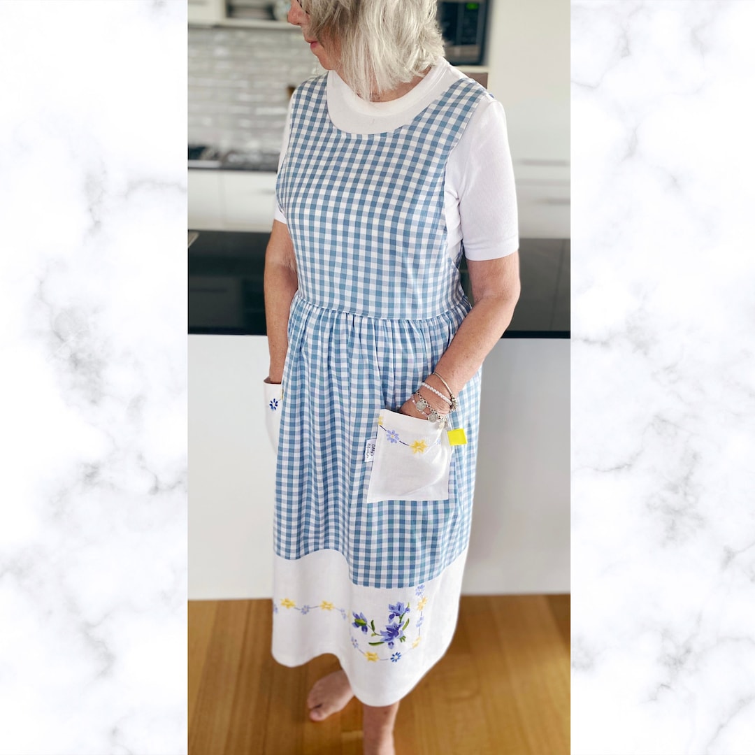 Dusky Blue Gingham Cottage Apron With Hand Embroidered, Vintage ...