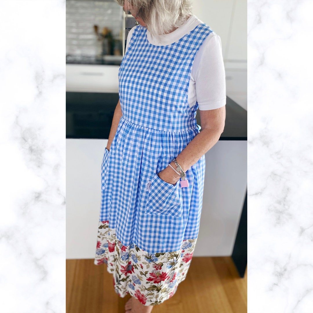 Blue and White Gingham Cottage Apron With Vintage Style Floral Trim ...