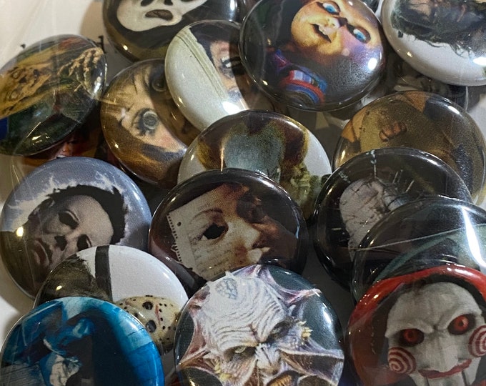 Horror Movie Buttons, Horror Pins, Themed Mini's Pinback Buttons Fridge ...