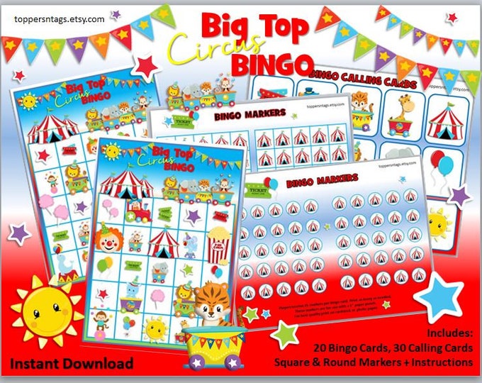 Circus Bingo Game Big Top Carnival Printable Party Game Picture Bingo ...