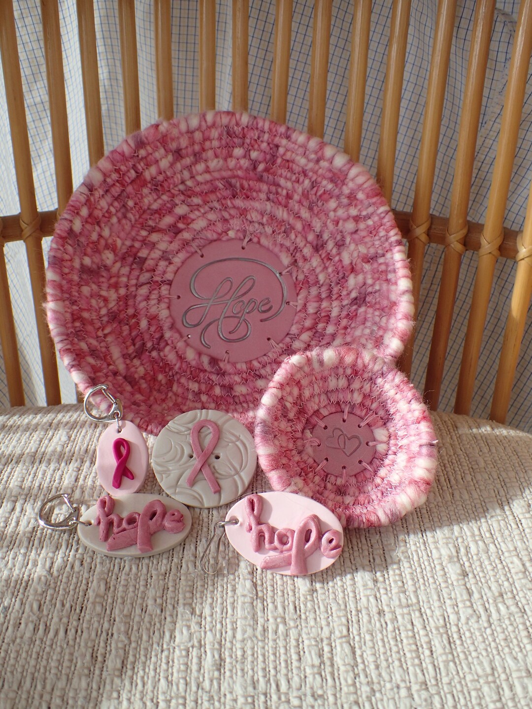 Breast Cancer Themed Rope Baskets, Pink Ribbon Button and Zipper Pulls ...