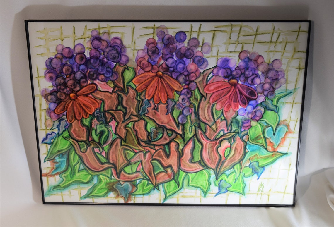 Abstract Grape & Flower Watercolor Painting Original/ Grape Wall Art ...