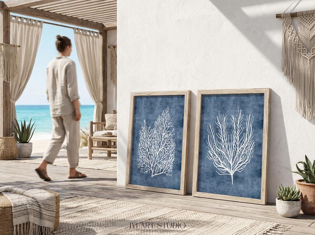 Hamptons Style Wall Art: Navy Coral Print Set of 2, Blue Coastal ...