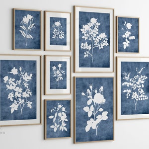 Floral Wall Art Set of 9: Botanical Gallery Prints, Navy Blue Poster ...